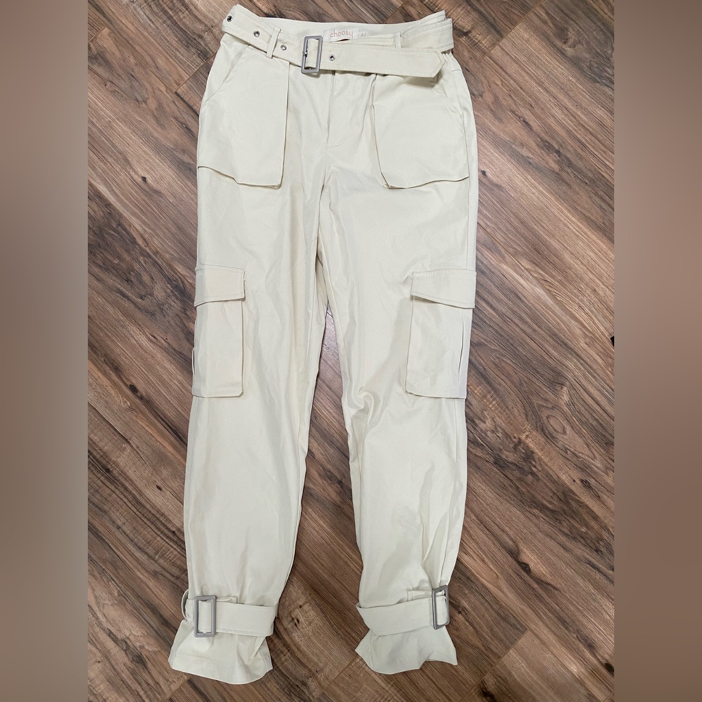Cream Cargo Pants With Straps - Gem